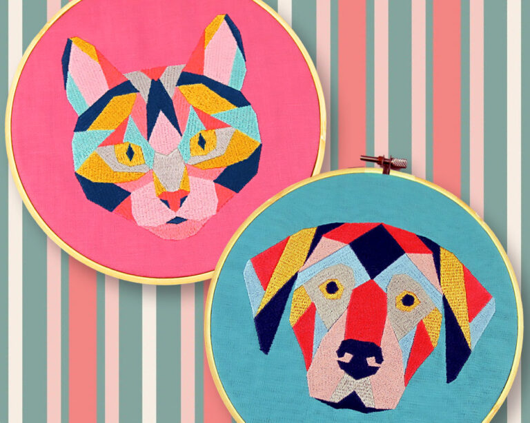 Faceted Dog + Cat Faces Embroidery Designs - Sew4Home
